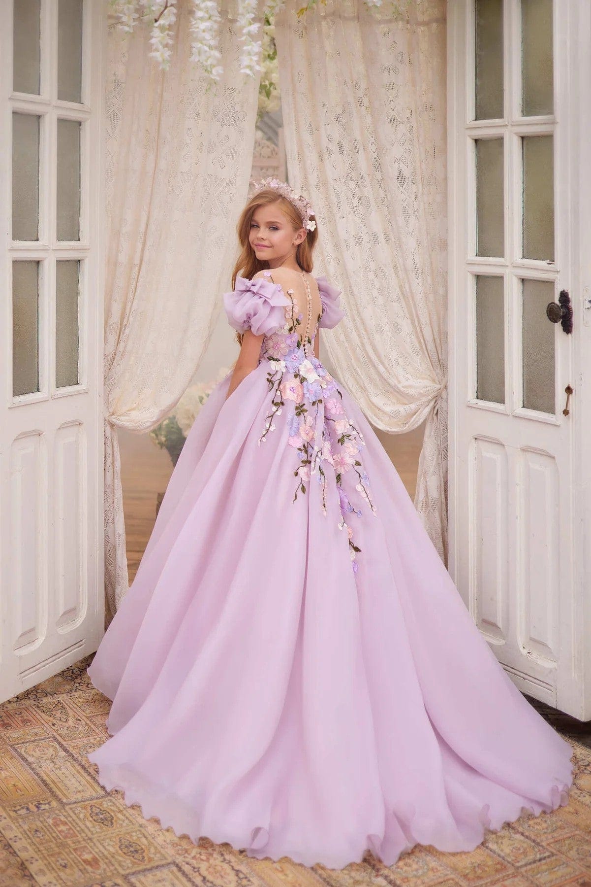Sunnypetal Purple Chiffon Flower Girl Dress Bow Puffy Sleeves Lace App ...