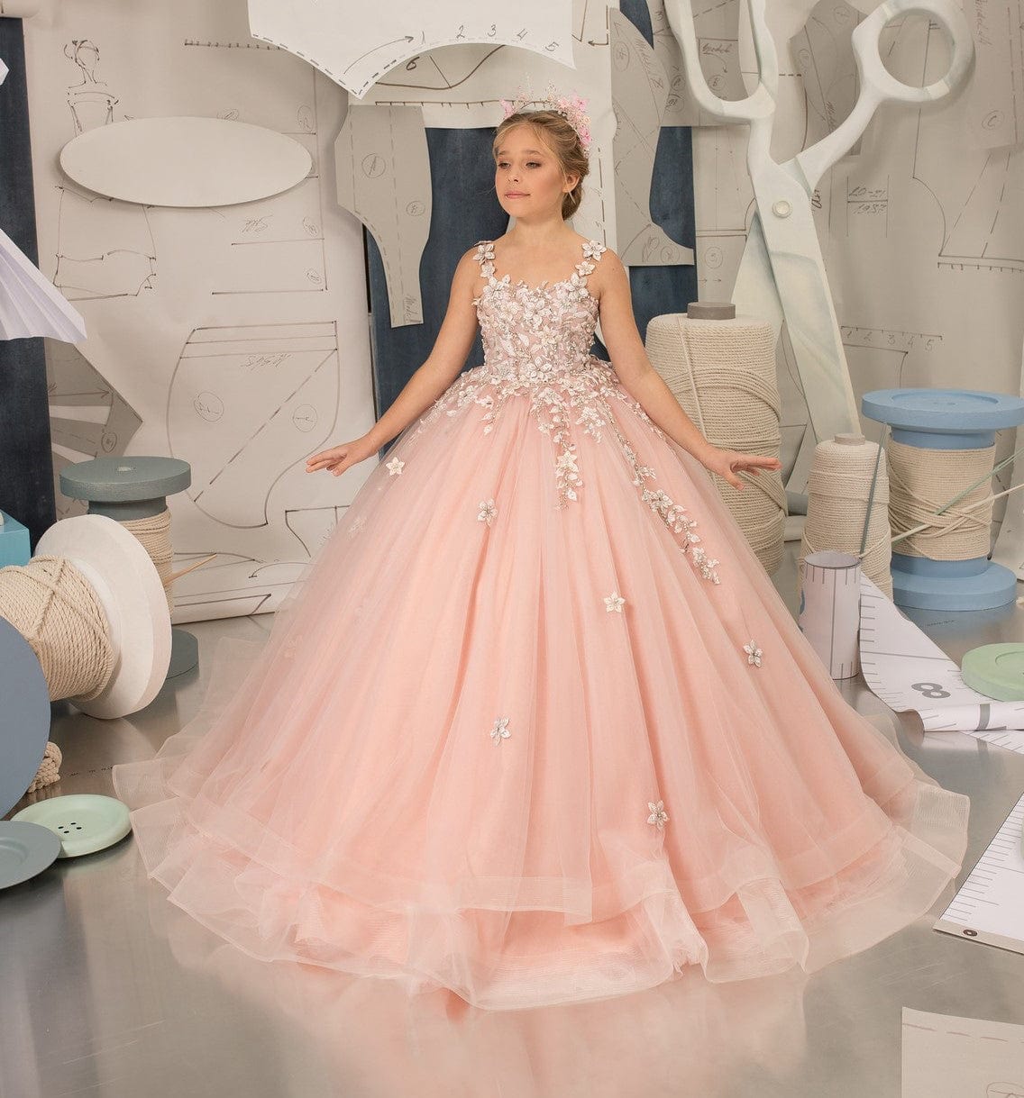 Sunnypetal Light Pink Ball-Gown Spaghetti Straps 3D Floral Long Tulle ...