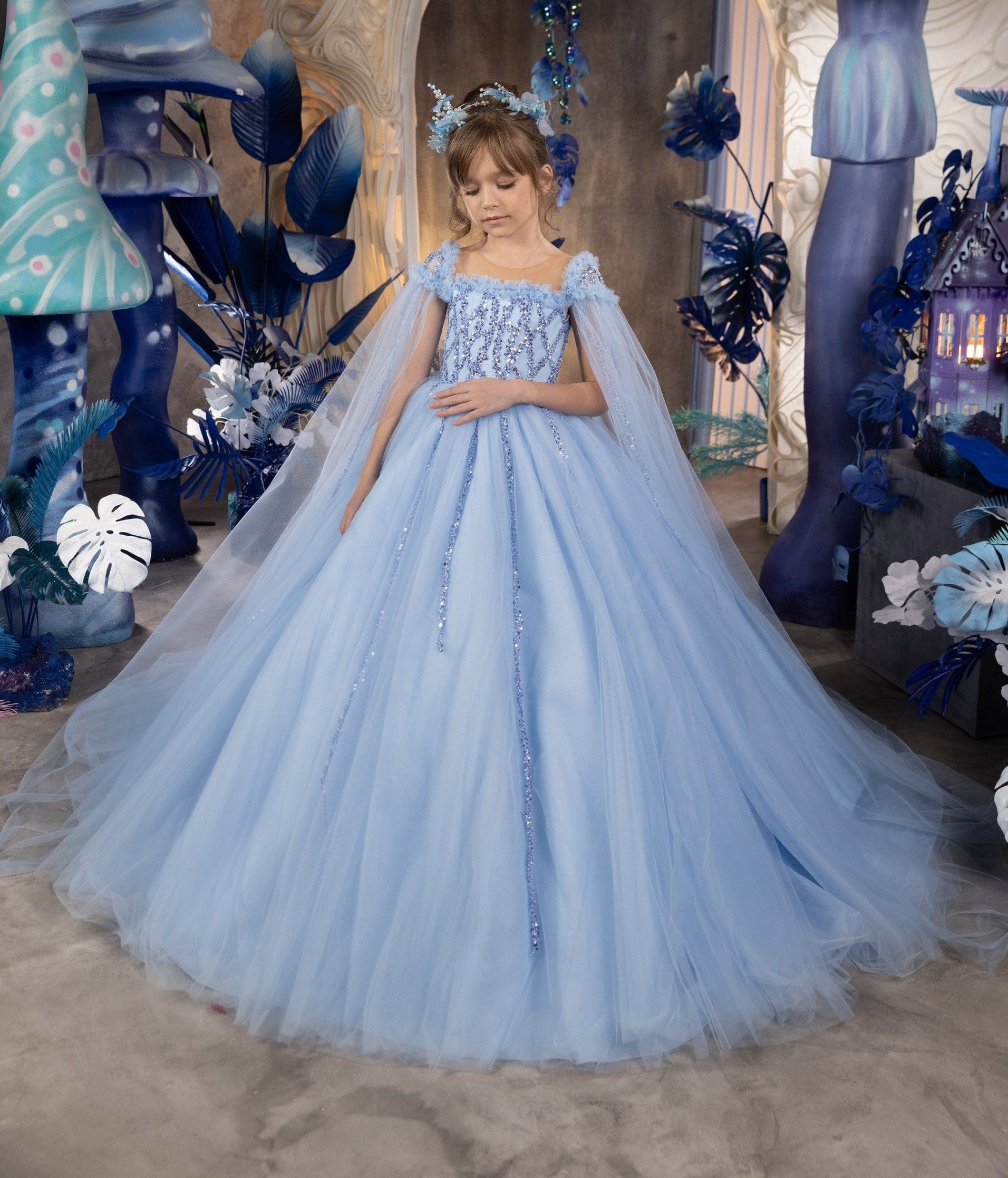 Sunnypetal Sky Blue Cloak Sleeves Tulle Sequins Long Ball Gown Flower ...